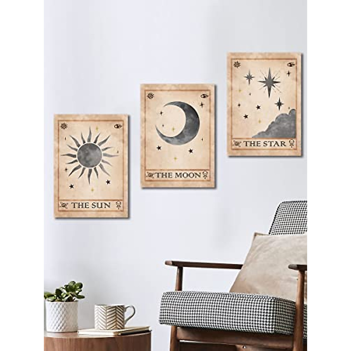 Tarot Canvas Prints Wall Art, Wiccan Art Wall Decor, Astrology Wall Decor, The Sun, Moon and Star Tarot Aesthetic Bohemian Wall Art, Celestial Canvas Prints, Mystical Home Decor, Astrology Posters Framed Ready to Hang