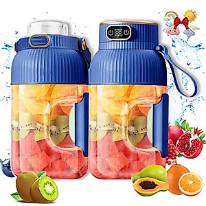 Multifunctional Portable Juicer Cup with Digital Display, Portable Smoothie Blender On the Go Usb Rechargeable, Bueaew Juicer Cup, Shakes, Smoothies, Gym/Travel/Kitchen (Blue, Double Cup+Double Lid)
