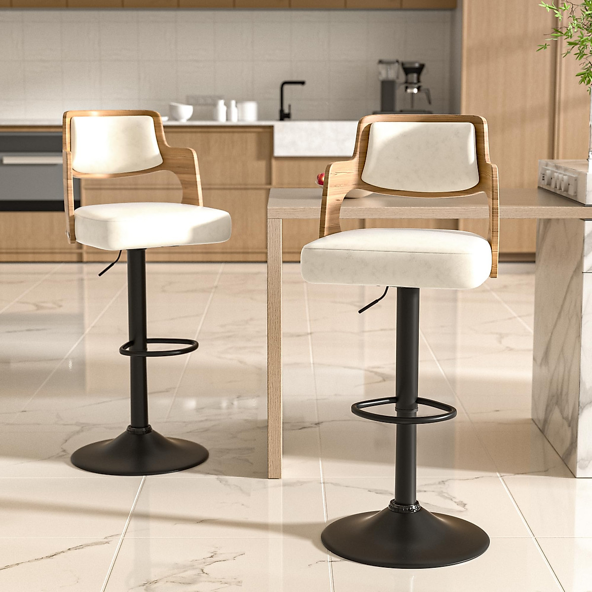 Miereirl Bar Stools Set of 2 Morden Height Counter Bar Stools with Wood Back Thickened Seat Swivel Adjustable Stool Chair for Home Kitchen Island Beige