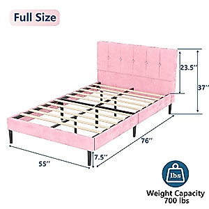 Full Size Fabric Upholstered Platform Bed Frame with Button Tufted Stitched Headboard, Mattress Foundation with Metal Wood Slat Support, No Box Spring Needed, Noise Free Design, Easy Assembly, Pink