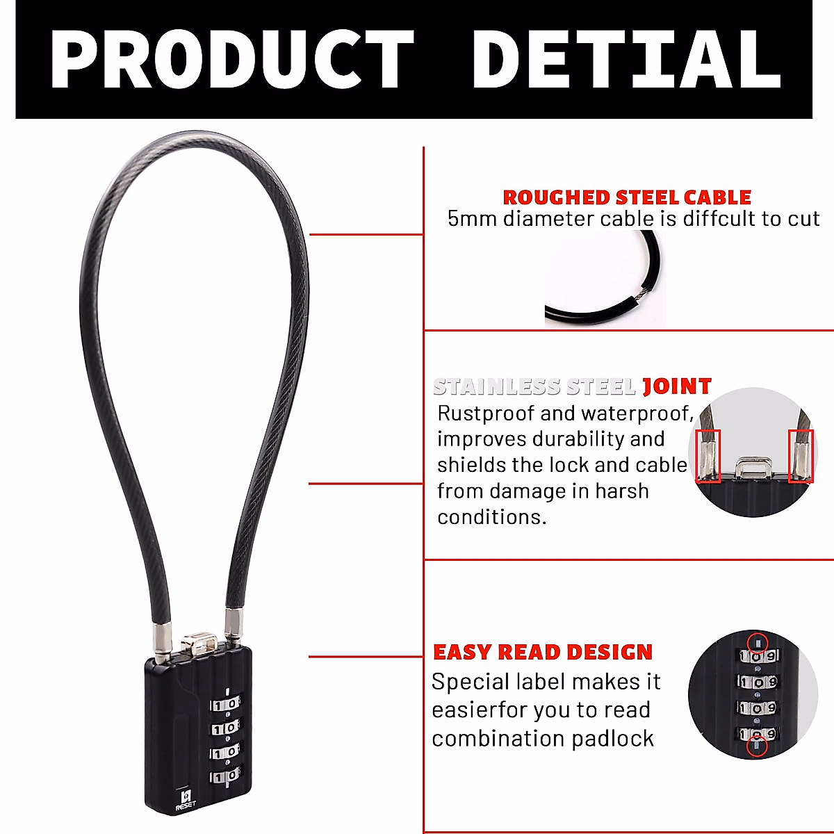 RESET-201 (2 Pack) 4 Digit Combination Padlock with 12 inch (30cm) Steel Cable,Cable Lock for Trash Can, Locker, Gym Locker, Luggage, Suitcase, Gun Case, Trigger,Helmet, 5mm Diameter, Black