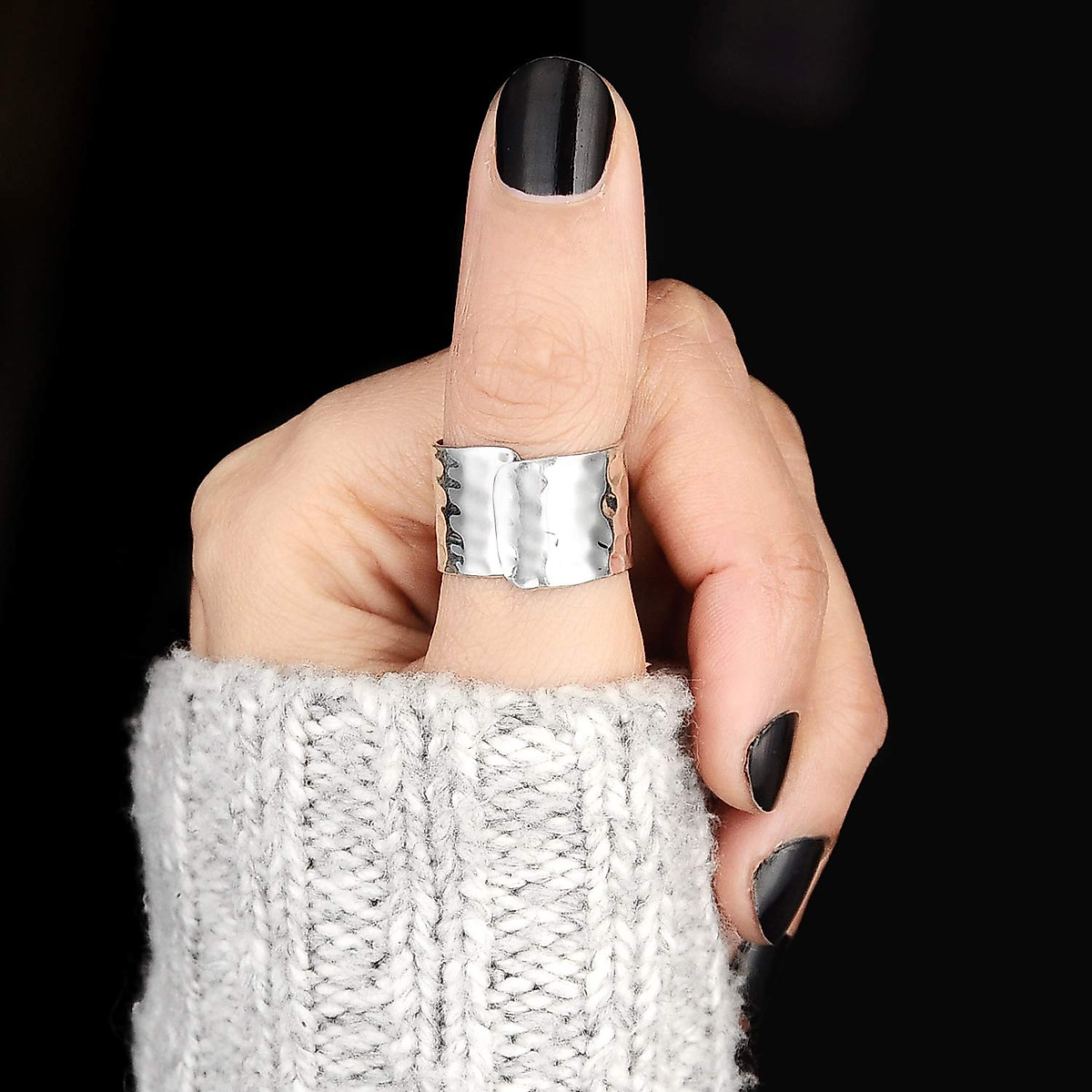 Boho-Magic 925 Sterling Silver Band Ring for Women Plain Thumb Wide Cuff Hammered Adjustable (7)