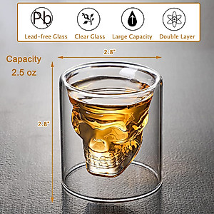DECKALY Crystal Skull Shot Glasses Double Wall Glass Cup Set of 4, 2.5 oz Whiskey Shot Glasses, Party & Bar Decor Drinking Glassware for Whiskey, Vodka, and Cocktail