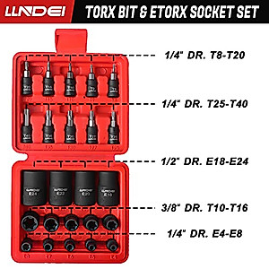 Torx Bit Socket and Female External Socket Set 24PCS, LLNDEI 10 Star Socket Bits (T8-T40)& 14 Female E-Torx Sockets (E4-E24) 1/4" 3/8" 1/2", CR-V, Star Drive Socket Kit with Mini Storage Box