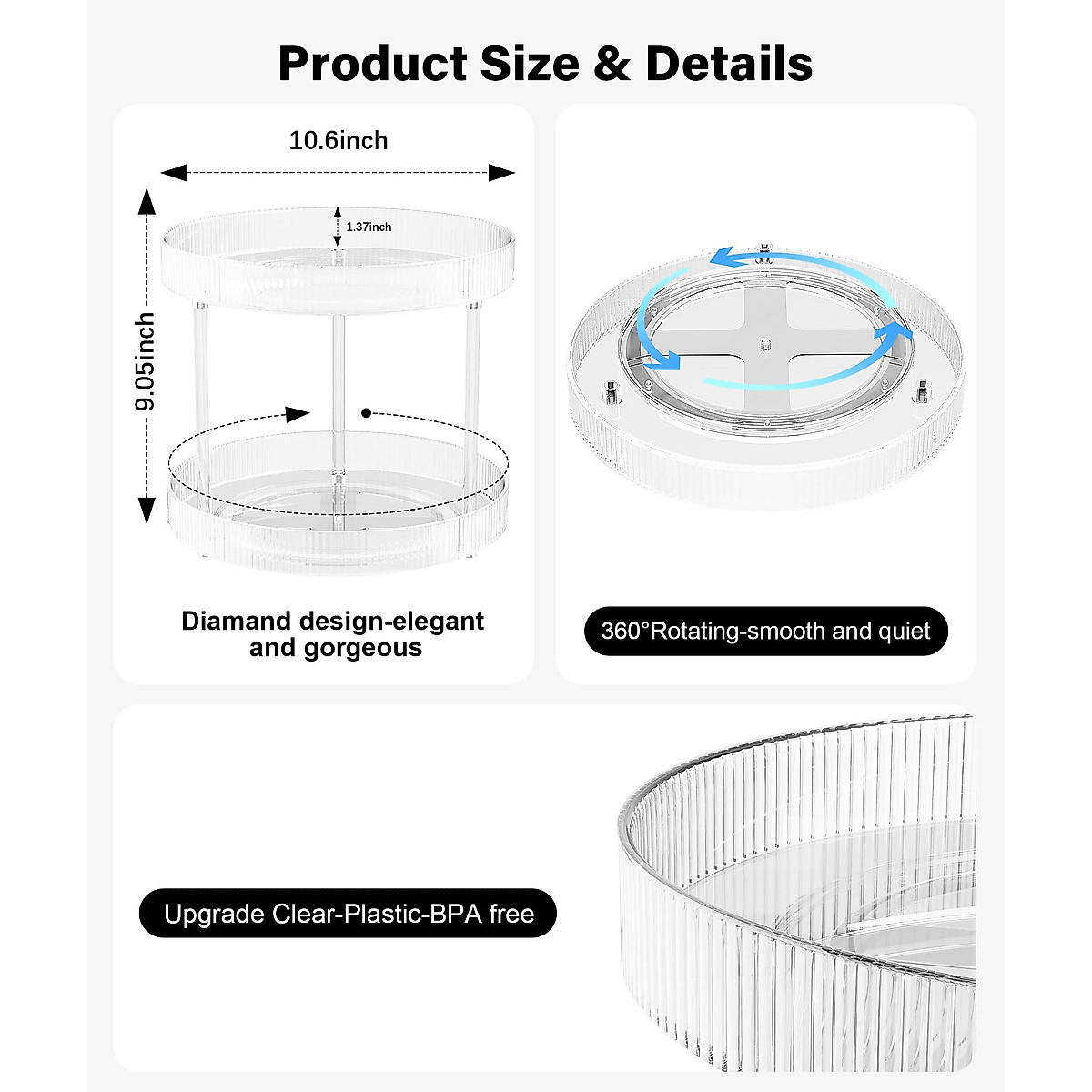 Acina 2-Tier Bathroom Countertop Organizer: 360° Clear Lazy Susan Rotating Storage Tray - Spinning Perfume Cosmetics Vanity Shelf for Bathroom Cabinet, Kitchen (Large)