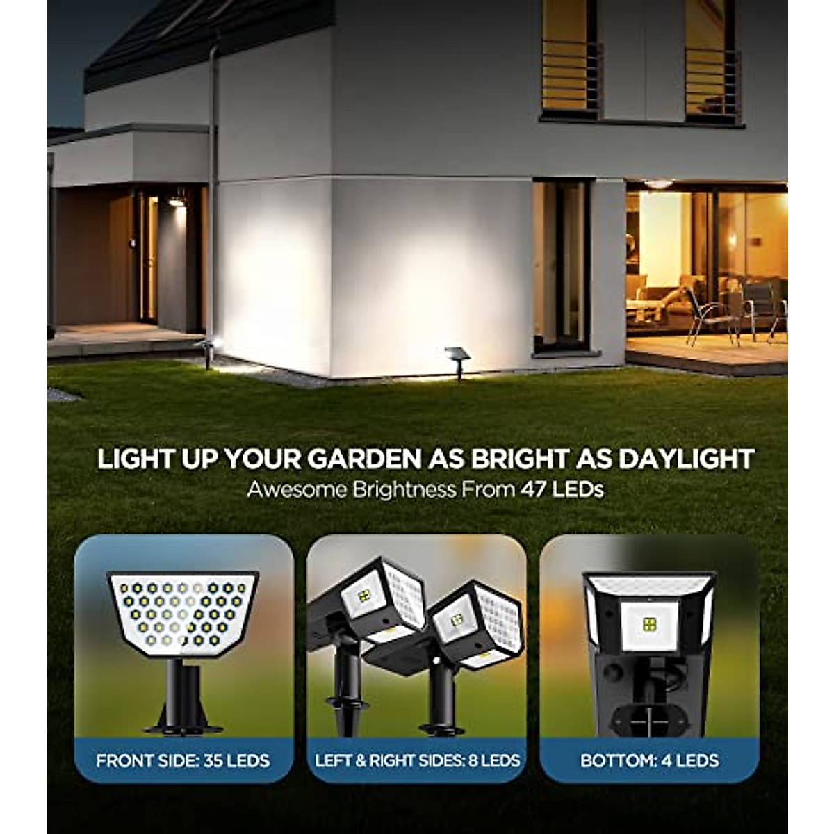 HNES 4 Pack Super Bright Solar Spot Lights Outdoor [47 LEDs | 4 Sides Illuminants | 300° Light Angle] IP65 Waterproof Solar Outdoor Lights Garden Lights Solar Powered Landscape Lights (Cool White)
