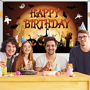 Vlipoean Halloween Happy Birthday Party Decorations, Mysterious Brown Sky Moonlight Halloween Birthday Photography Backdrop, 70.86 x 43.3 Inch Pumpkin Ghost Witch Castle Bat Halloween Theme Birthday