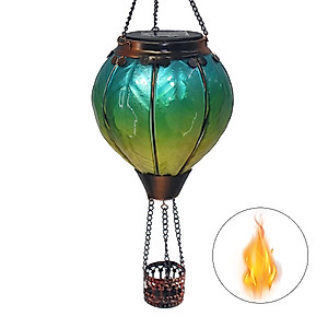 OUISJYER Hot Air Balloon Solar Lantern with Flickering Flame Hanging Solar Lanterns Outdoor Lights Waterproof Lanterns Decorative Garden Patio Yard Party Decor Green