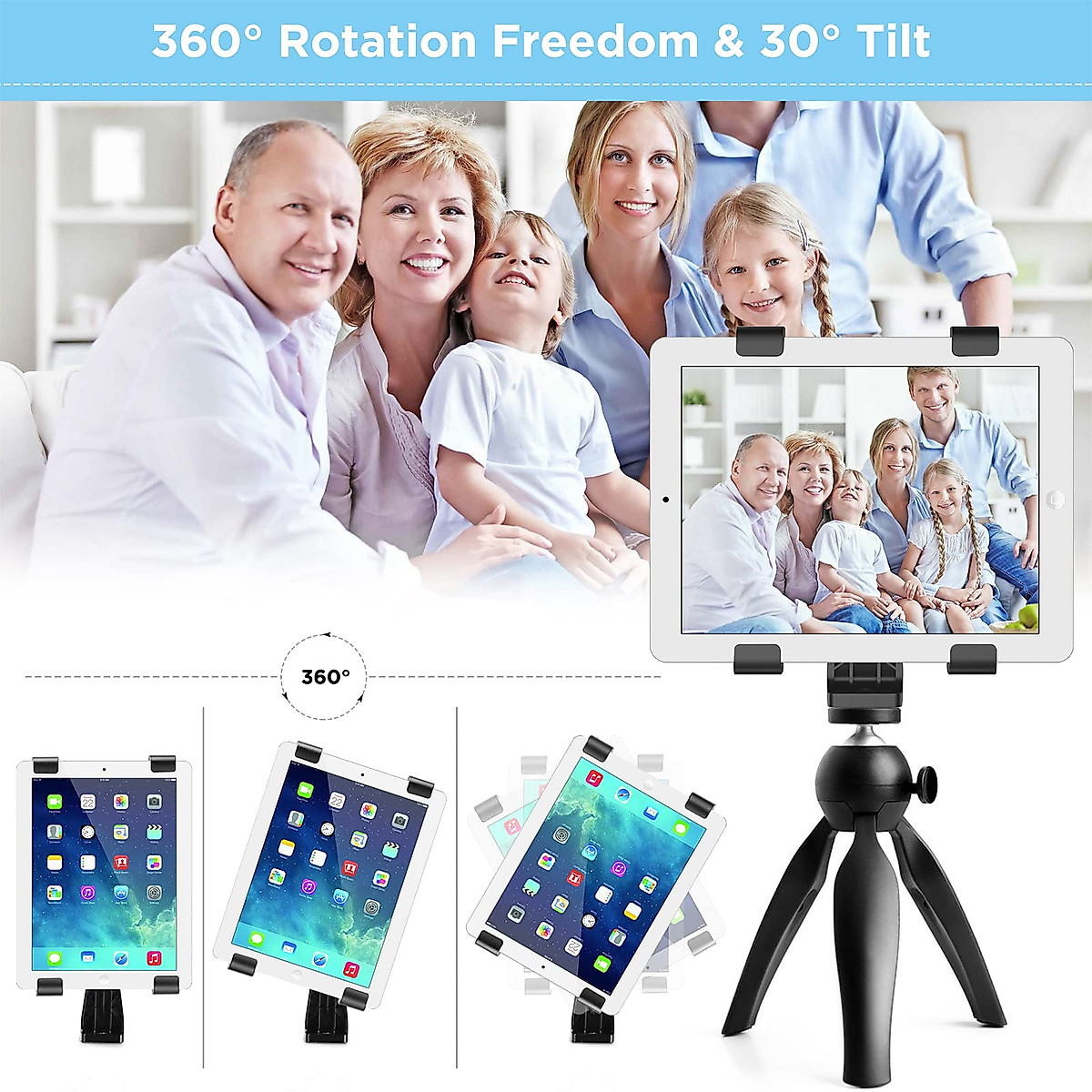 IPOW 360 Degree Rotatable Break-Resistant iPad Tripod Mount Adapter, Universal Tablet Clamp Holder Fits Ipad, Ipad Air, Pro, Mini, Microsoft Surface, Nexus, for Tripod Monopod, Selfie Stick,Tabletop