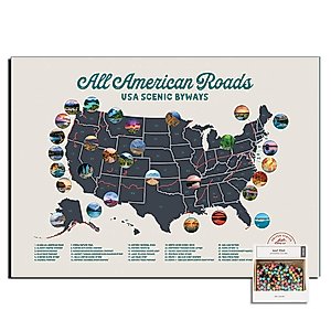 Epic Adventure Maps All American Roadtrip USA Scenic Byways Push Pin Map 24" x 17" - USA Wall Map to Mark Road Trips Through America - Multicolored Pushpins Included - Great (Beige)