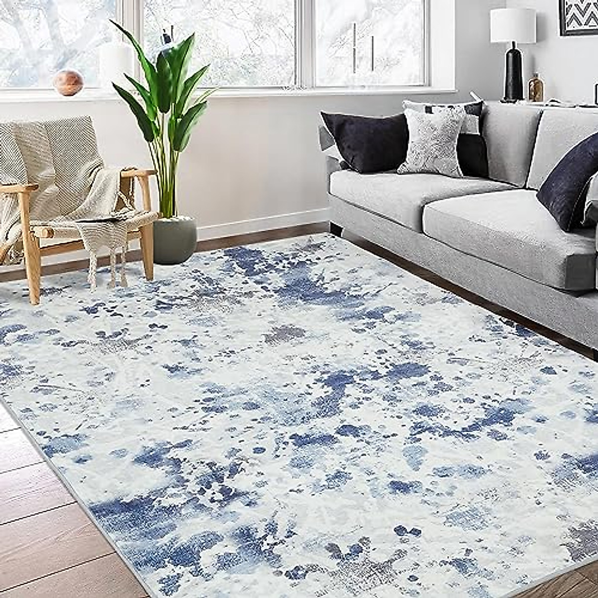 Zacoo Modern 5x7 Area Rugs for Living Room Geometric Abstract Area Rug Low Pile Floor Carpet Throw Rug Bedroom Decor Non Slip Rugs Non Shedding Area Rugs Dining Room Nursery Room Decor, Blue/White