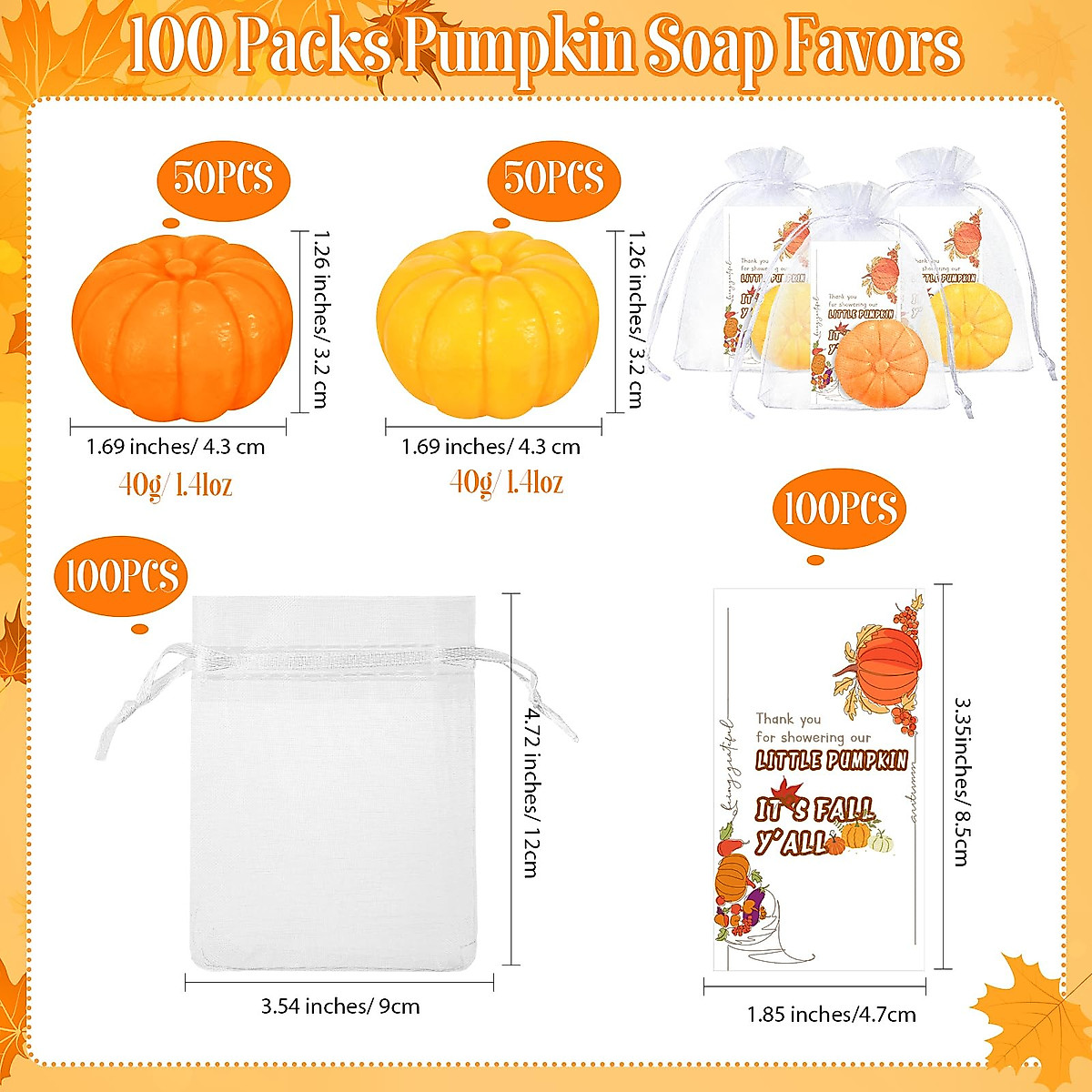 Liliful 100 Sets Mini Pumpkin Baby Shower Favors Included Pumpkin Soap Thanks Cards Drawstring Gift Bags for Fall Bridal Shower Wedding Autumn Thanksgiving Day Party Decorations Gifts