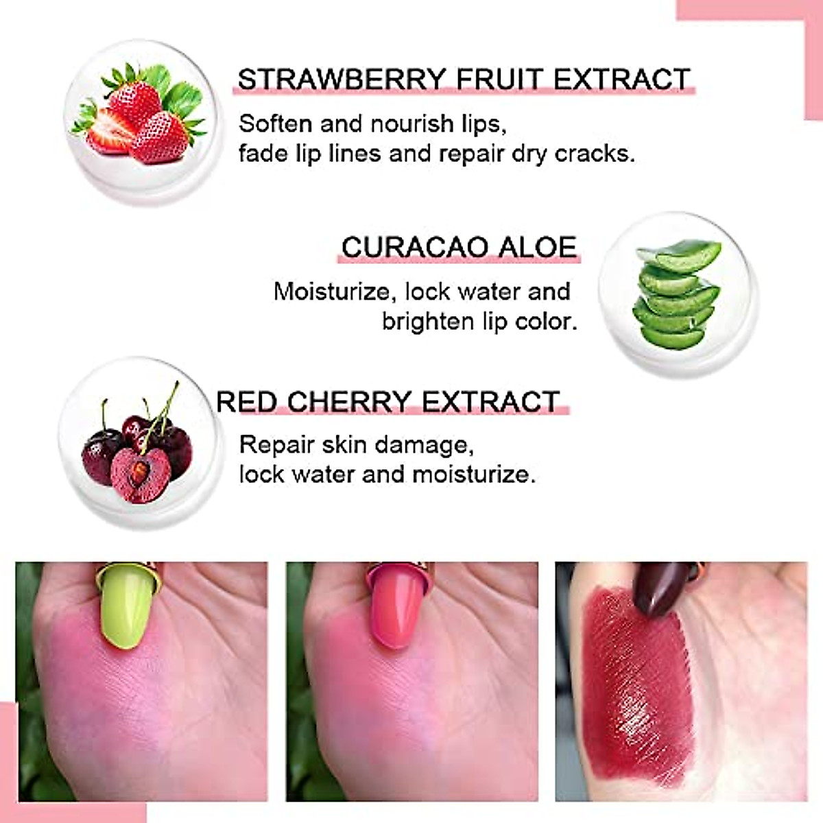 evpct 3Pcs Aloe Vera Strawberry Black Red Cherry Lip Balm Color Changing Lipstick Set PH Mood Magic Lipstick Long Lasting waterproof 24 hour labiales magicos pintalabios permanente 24 horas originales
