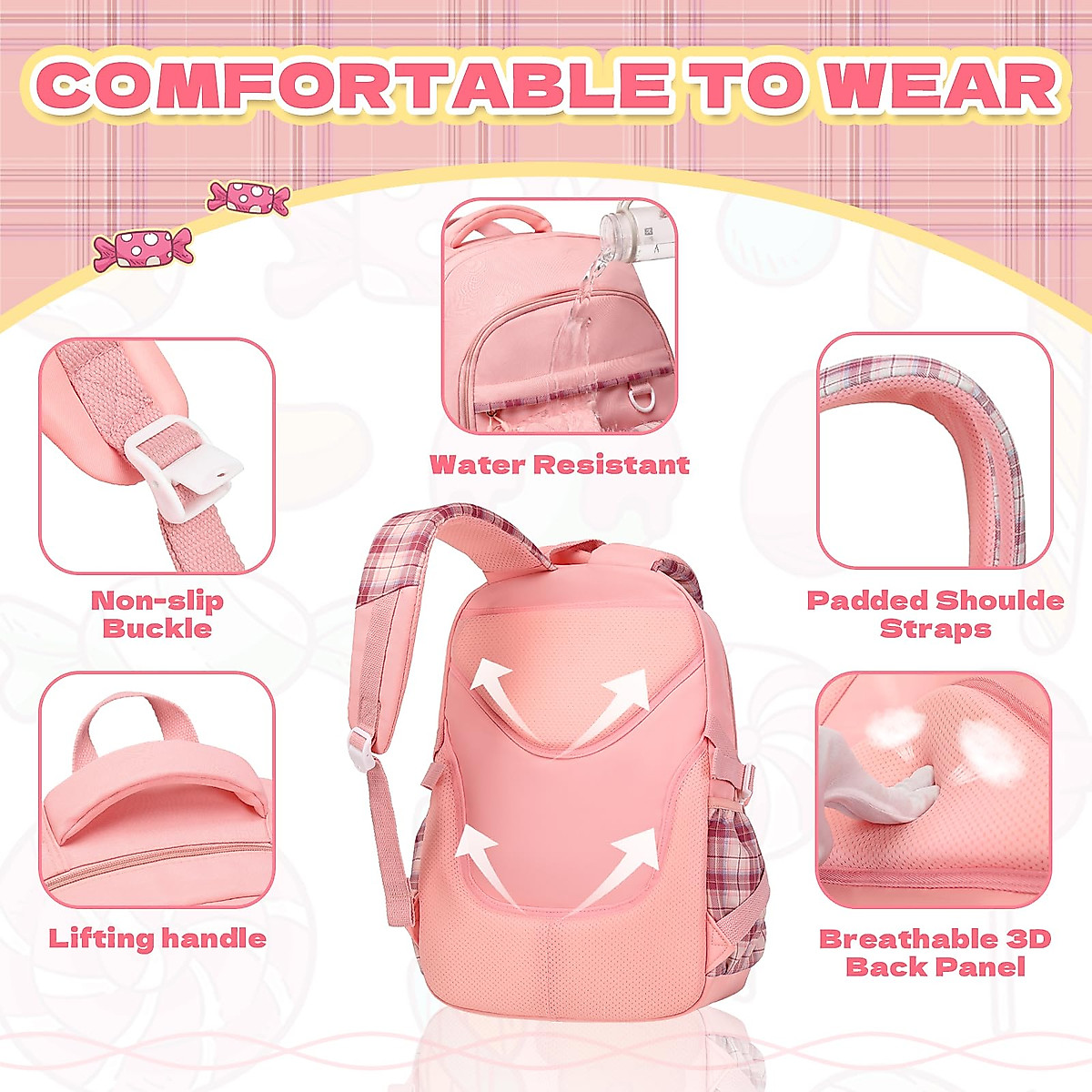 PIG PIG GIRL Girls Backpack, 2pcs Set School Backpack with Convertible Shoulder Tote Bag Water Resistant Book Bag for Primary Elementary School,Pink