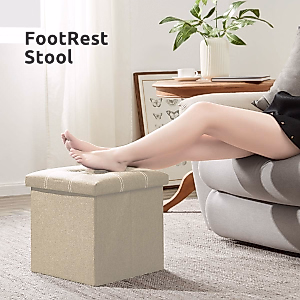YOUDENOVA 15 inches Storage Ottoman Cube, Foldable Storage Boxes Footrest Step Stool, Padded Seat for Dorm Living Room, Support 300lbs, Line Fabric Beige