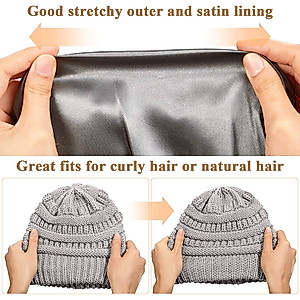 Roniky Winter Knit Beanie Hats for Women, Silk Satin Lined Chunky Cap Soft Stretch Cable Knit Warm Slouchy Beanie Hat Black