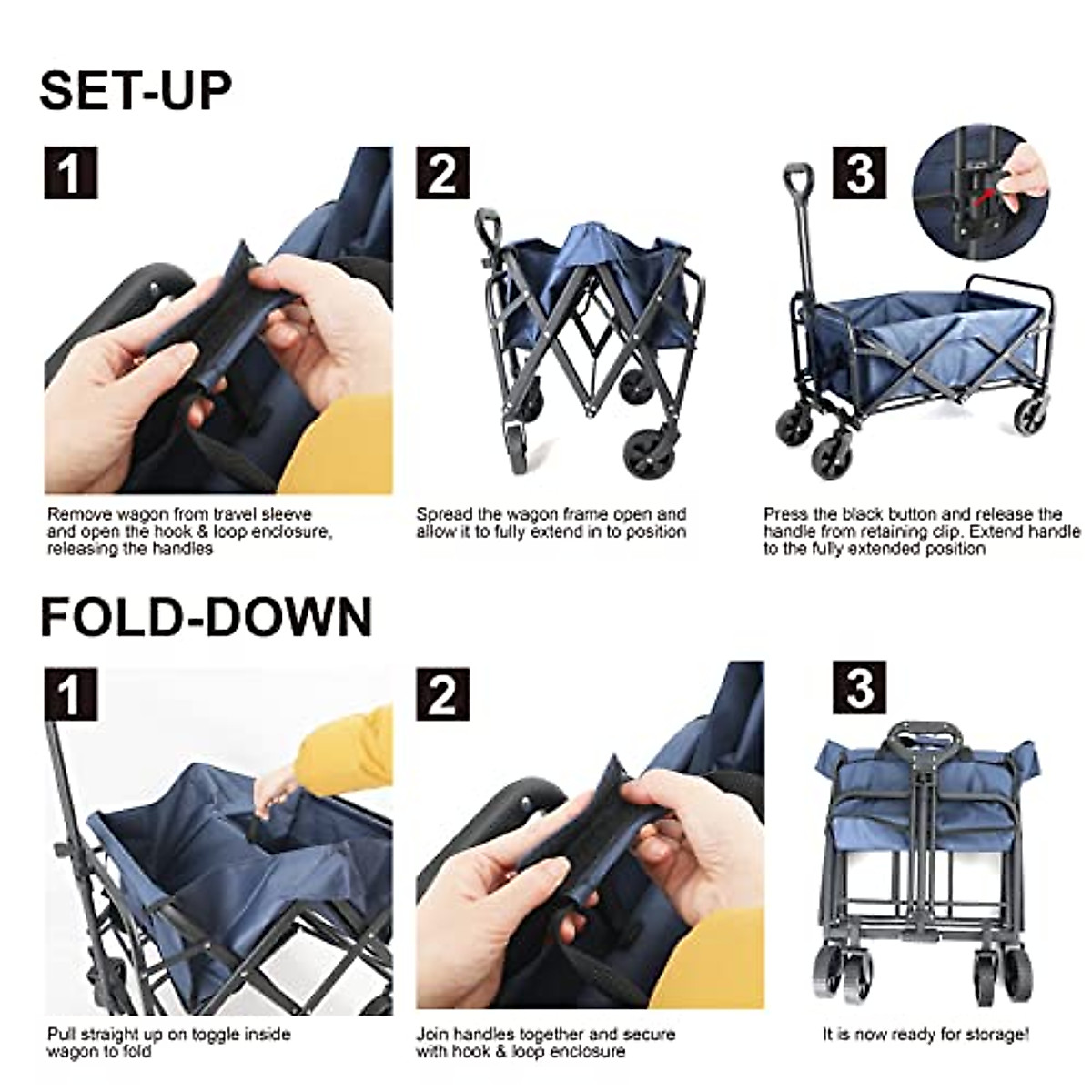 Heavy Duty Collapsible, Folding, and Rolling Outdoor Utility Wagon for Camping, Beach with Spring-Loaded Handle (Blue)