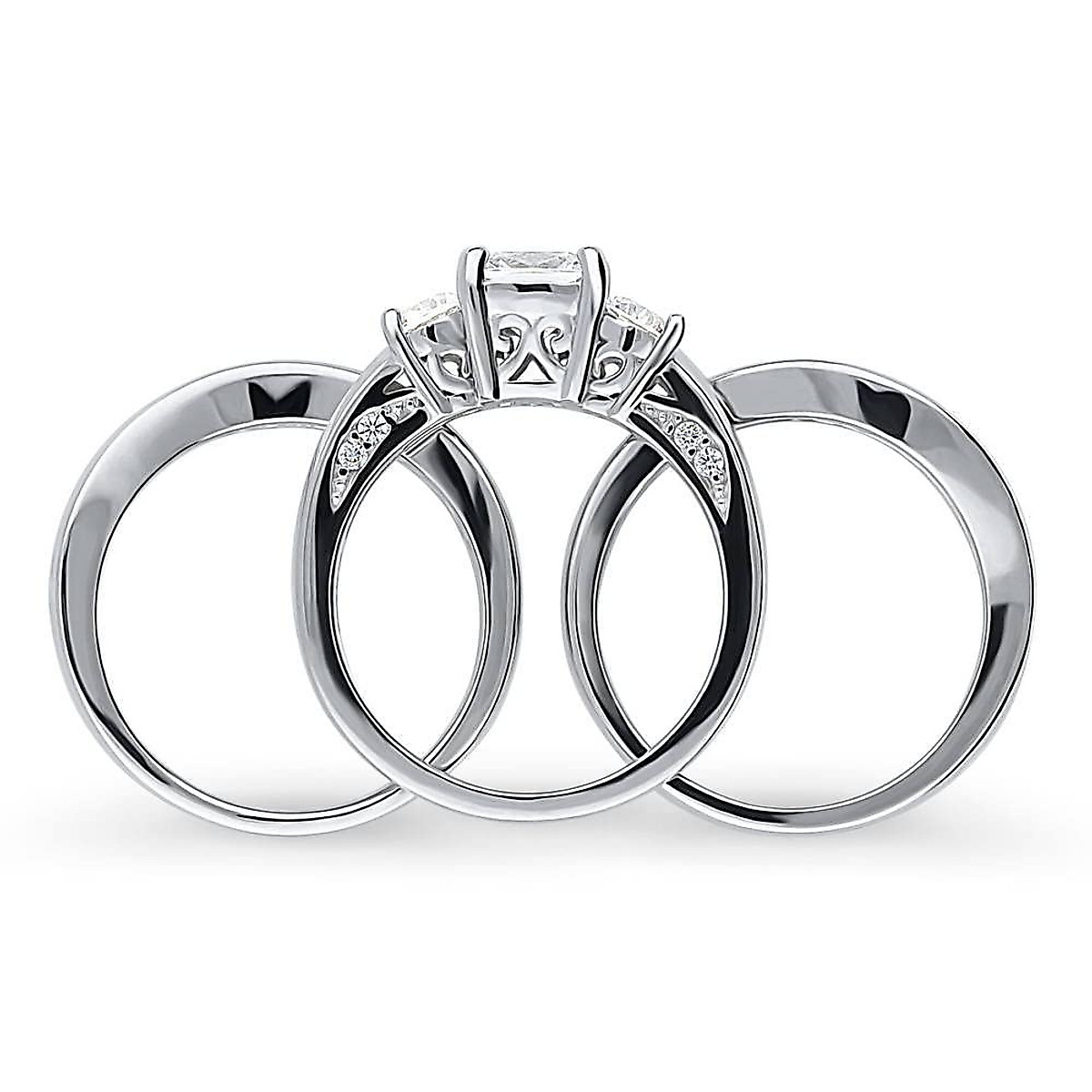 BERRICLE Sterling Silver 3-Stone Wedding Engagement Rings Cushion Cut Cubic Zirconia CZ Ring Set for Women, Rhodium Plated Size 6.5