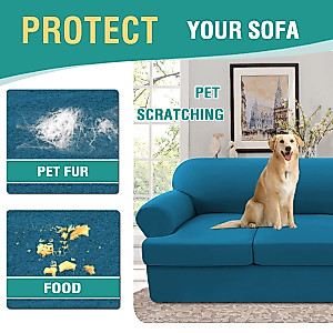 GAMUKAI Fleece T Cushion Loveseat Sofa Slipcover 3 Pieces Sofa Covers for T Cushion Couch Cover Sofa Slip Covers Furniture Protector with 2 Individual Cushion (Peacock Blue, Loveseat X-Large)