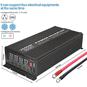BYGD 2000W/4000W(Peak) Power Inverter 12V DC to 110V AC Converter with 4 AC Outlets Dual 2.1A USB Ports for Home, RV, Boat, Truck, Off-Grid Solar System