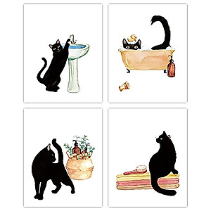 LHIUEM Black Cat Bathroom Decor, Funny Bathroom Wall Art, (Set of 4,8"X10",unframed) Modern Animals Kitty Pictures, Kitten Bathing Canvas Poster cat Lady Gifts for Women,Bathroom Set Decor