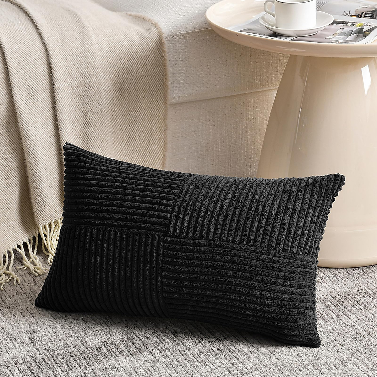 Fancy Homi 2 Packs Black Lumbar Decorative Throw Pillow Covers 12x20 Inch for Living Room Couch Bed Sofa, Rustic Farmhouse Boho Home Decor, Soft Striped Corduroy Rectangle Accent Cushion Case 30x50 cm