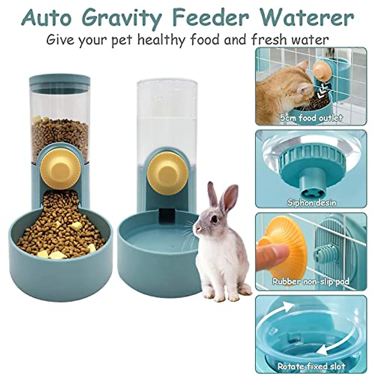 kathson 35oz Hanging Automatic Food Water Dispenser Auto Cat Gravity Feeder Waterer Set Water Food Bowl for Pet Cage Rabbit Ferret Guinea Pig (Green)