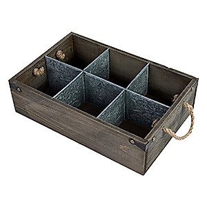 MyGift Rustic Solid Wood Multipurpose Decorative Caddy with 6 Metal Partition Divided Slots and Rope Handles, Vintage Style Wine Bottle Crate Storage Box