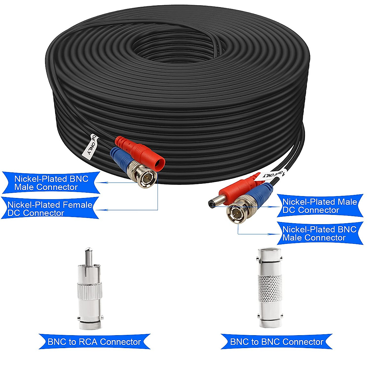 BNC Cable 200ft 4 Pack Aimyzii BNC Video Power Cable,Security Camera Cable for CCTV Camera DVR Security Systems(Included 8X BNC Adapters,100 Pcs Cable Clips)-Black