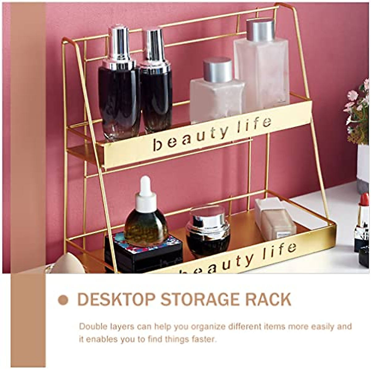 BESPORTBLE Cosmetic Storage Rack Makeup Organizer Shelf 2 Tier Cosmetic Storage Basket with Tray for Cosmetics Countertop Storage Organizer Standing Rack for Dresser Countertop Bathroom Gold