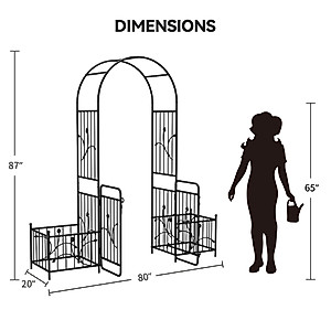 YITAHOME 87IN Garden Arbor with Gate, Metal Garden Arch with Side Planters, Arch Trellis for Garden