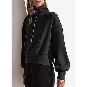 Dokotoo Womens Casual Half Zip Pullover Long Sleeve Sweatshirts Quarter Zipper Cropped Sweatshirt Tops for Women Teen Girls Fall Jackets Winter Warm Sweater Outfits Clothes Black Large