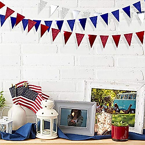 30 Ft Red Silver Blue Triangle Pennant Banner Bunting Double Sided Glitter Metallic Paper Flag Garland for 4th of July American Independence Day USA National Day Patriotic Party Decorations Supplies