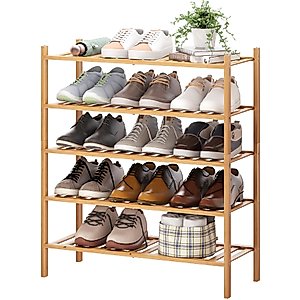 BMOSU 5-Tier Bamboo Shoe Rack Premium Stackable Shoe Shelf Storage Organizer for Hallway Closet Living Room Entryway Organizer (Natural Bamboo)