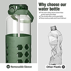MUKOKO Half Gallon/64 oz Glass Water Bottles with Straw and Lid,Motivational Water Jug with Time Marker Reminder and Silicone Sleeve,100% Leakproof BPA Free Fitness Sports Large Bottle-Olive
