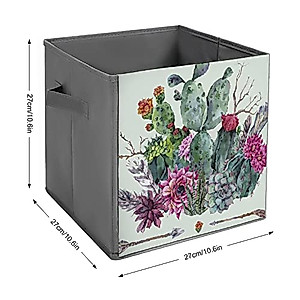 Cacti Succulent Foldable Storage Bins Printd Fabric Cube Baskets Boxes with Handles for Clothes Toys, 11x11x11