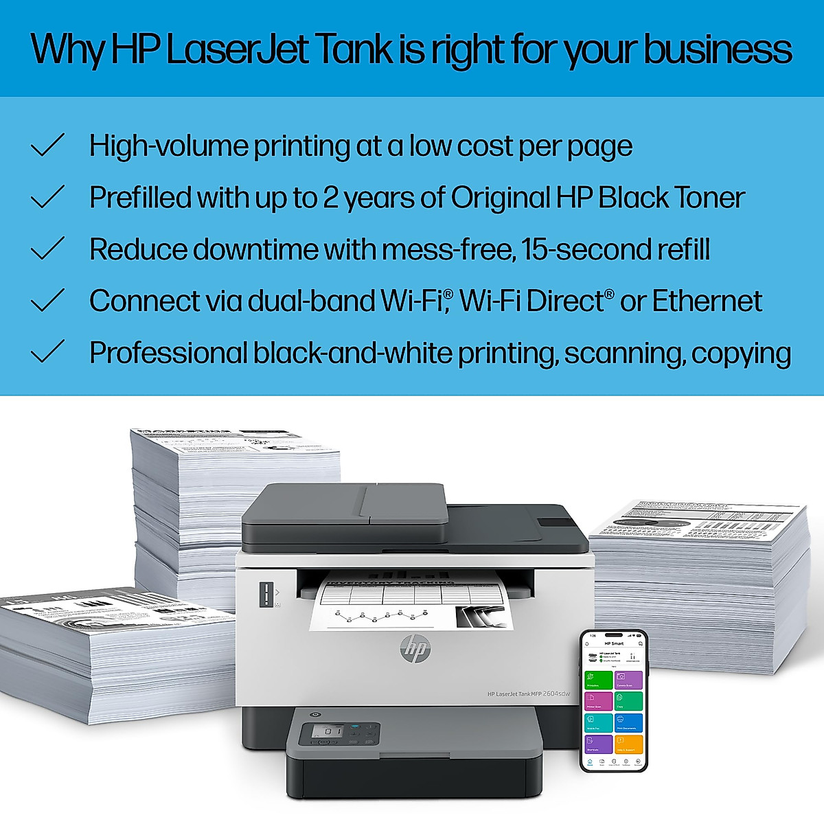 HP LaserJet Tank MFP 2604sdw Wireless Black & White Printer Prefilled With Up to 2 Years of Original HP Toner (381V1A)