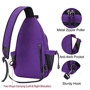MOSISO Sling Backpack,Canvas Crossbody Hiking Daypack Bag with Anti-theft Pocket, Purple