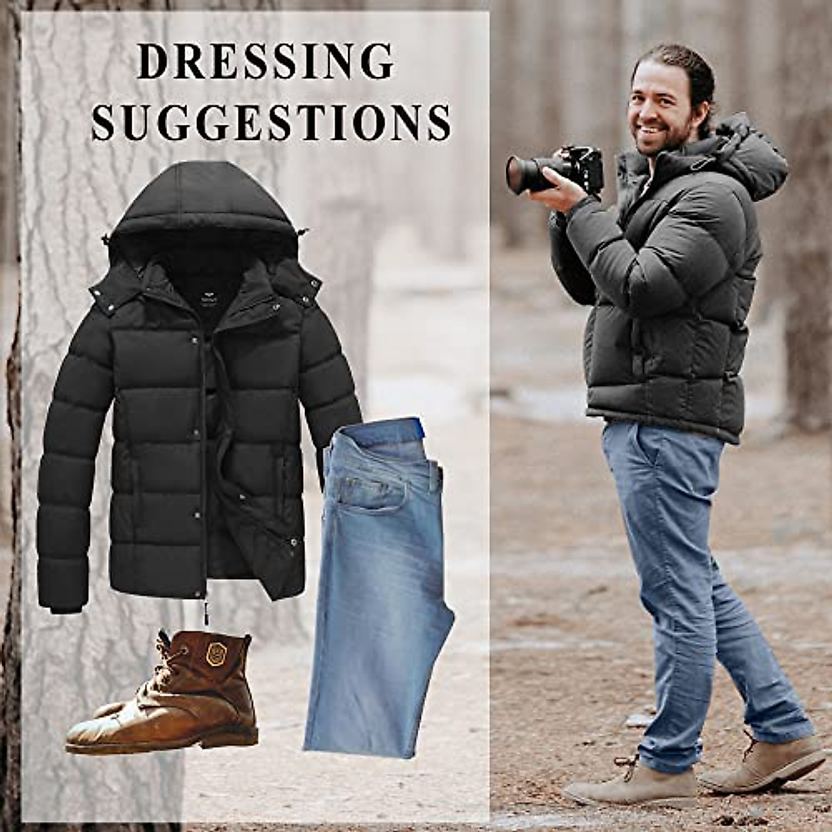 GGleaf Men's Puffer Jacket Down Winter Coat Insulated and Water-Resistant with Hood Removable Black Medium