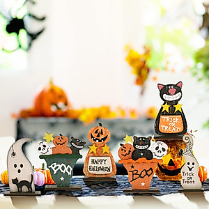 SY Super Bang Wooden Halloween Table Top Decorations - 6PCS Retro Halloween Decor Including Black Cat/Pumpkin Monster/Ghost/Skull Crafts, for Home Farmhouse Holiday Indoor, Rustic