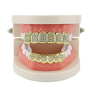OOCC 18k Gold Plated Iced Out Grills with Diamond Hip Hop Teeth Grillz Caps Top and Bottom Set for Your Teeth (Golden)