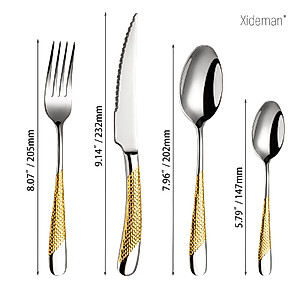 Xideman 16 Piece Hammered Silver Gold Silverware Set, Modern Golden 18/10 Stainless Steel Flatware Set, Kitchen Utensil Set Service for 4, Tableware Set, Cutlery Set, Knives Forks Spoons Set
