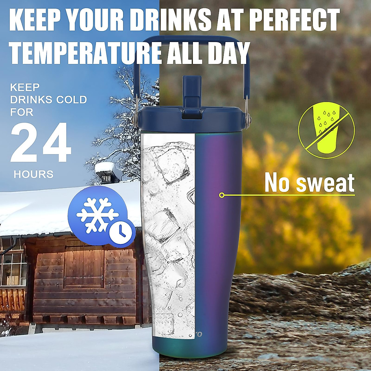 Zukro 40 OZ Tumbler With Flip Straw |Stainless Steel Water Jug With Top Handle For Gym, Outdoors, Car |Large Leak Proof Triple-wall Vacuum Insulated Water Bottle Keeps Cold 30 Hours & Easy Carry
