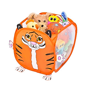 Smart Design Kids Pop Up Organizer with Animal Print - VentilAir Mesh Netting - for Toddlers, Baby Clothes, Plushies, and Toys - Home Organization - Cube - 10.5 x 11 Inch - Orange Tiger