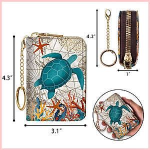 Blusabaca RFID Credit Card Holder Wallets for Women, Small Card Case Wallet with Keychain and Zipper, Leather Card Holder Sea Turtle Pocket Business Card Accordion Wallet