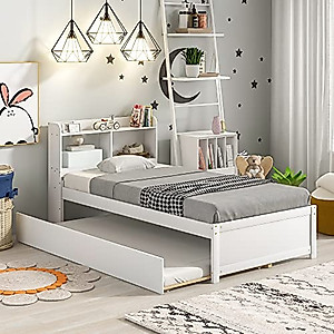 Olela Twin Bed with Trundle Bookshelf, Platform Twin Bed with Trundle with Bookcase Storage for Girls Boys, No Need Box Spring (White)