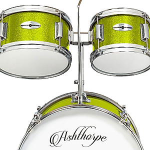 Ashthorpe 5-Piece Complete Junior Drum Set with Genuine Brass Cymbals - Advanced Beginner Kit with 16" Bass, Adjustable Throne, Cymbals, Hi-Hats, Pedals & Drumsticks - Green
