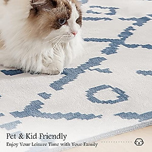 Washable Boho Blue Area Rug - 5x7 Feet Modern Carpet with Non-Slip Backing Neutral Room Decor for Living Room Bedroom Playroom Entryway Entrance Indoor