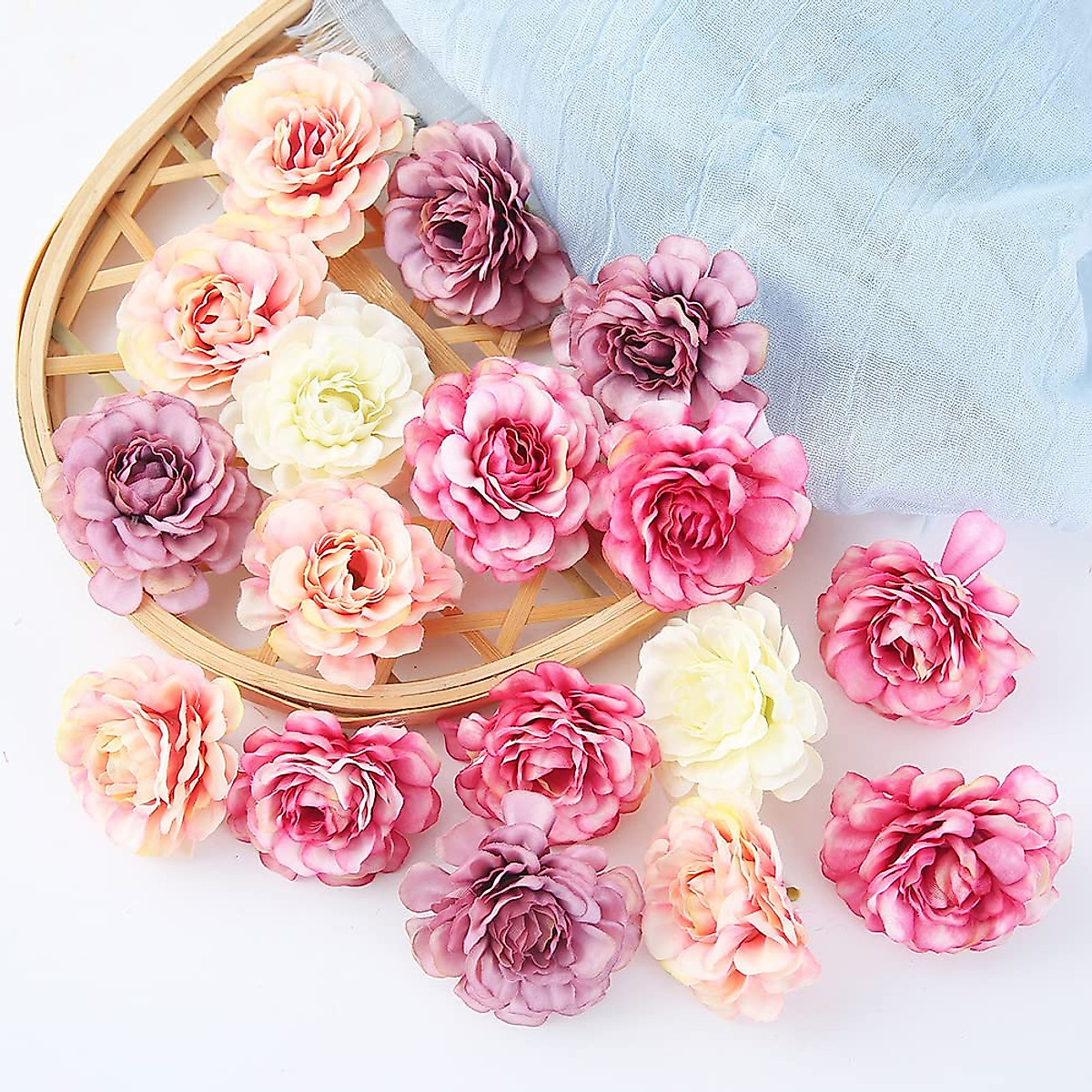20pcs Roses Buds Artificial Flowers Bulk, 2" Small Silk Rose Artificial Flower Head Fake Flower For Home Decor Christmas Party Marriage Wedding Decoration DIY Wreath Accessories (Milky White)