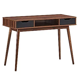 Tangkula Mid Century Desk with Drawers, Modern Writing Study Desk, Home Office Desk Computer Desk with Solid Wood Legs & Open Shelf, Study Workstation Multifunctional Vanity Table Desk for Bedroom